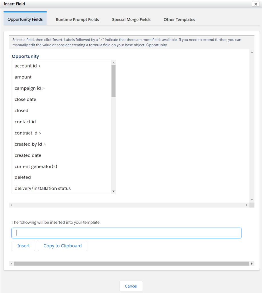 The template editor Insert Field button – S-Docs Knowledge Base