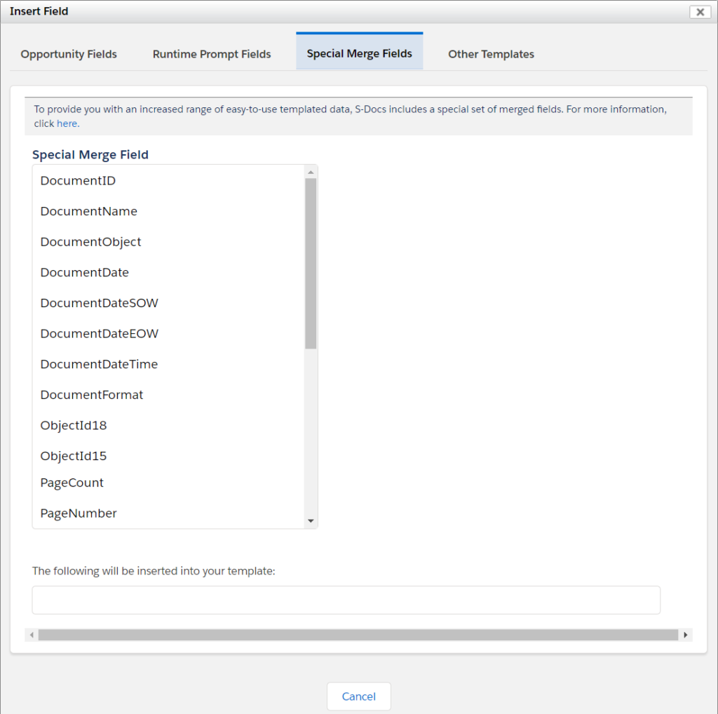 The template editor Insert Field button – S-Docs Knowledge Base